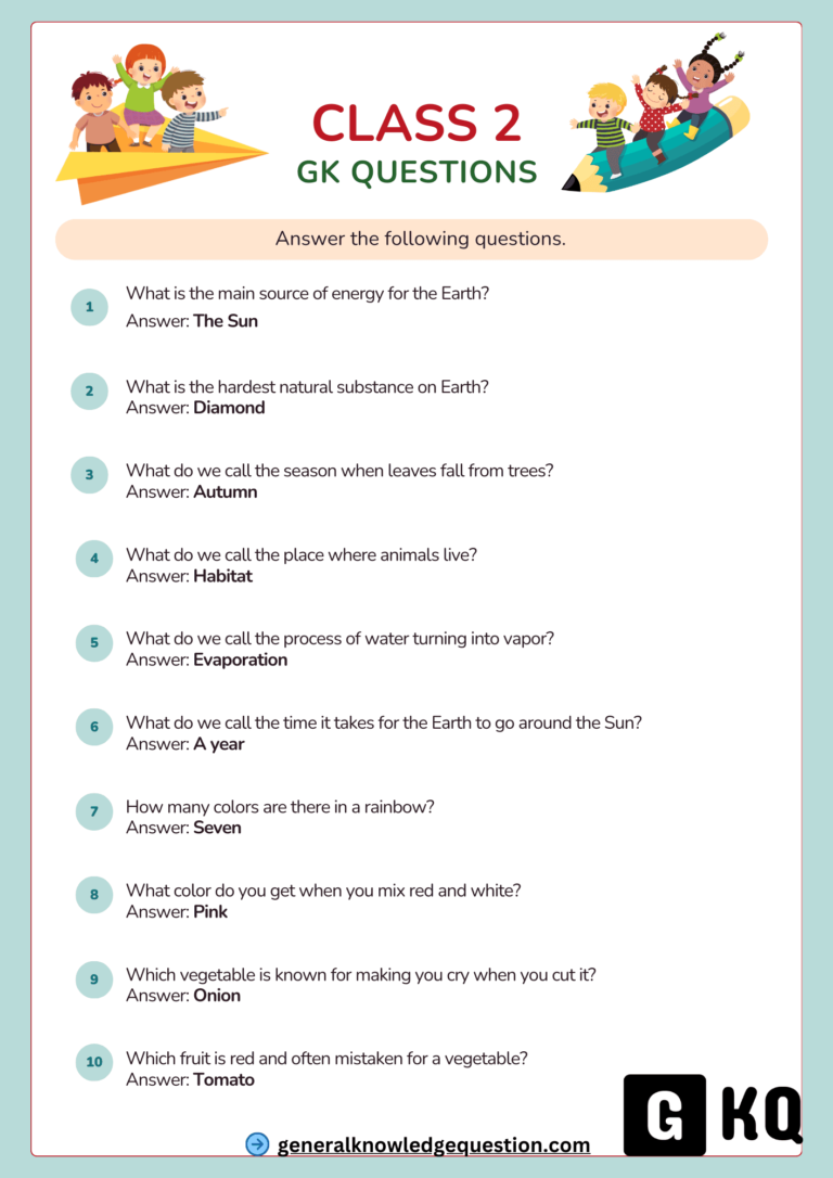 Printable 50 GK Questions for Class 2 In English With Answers